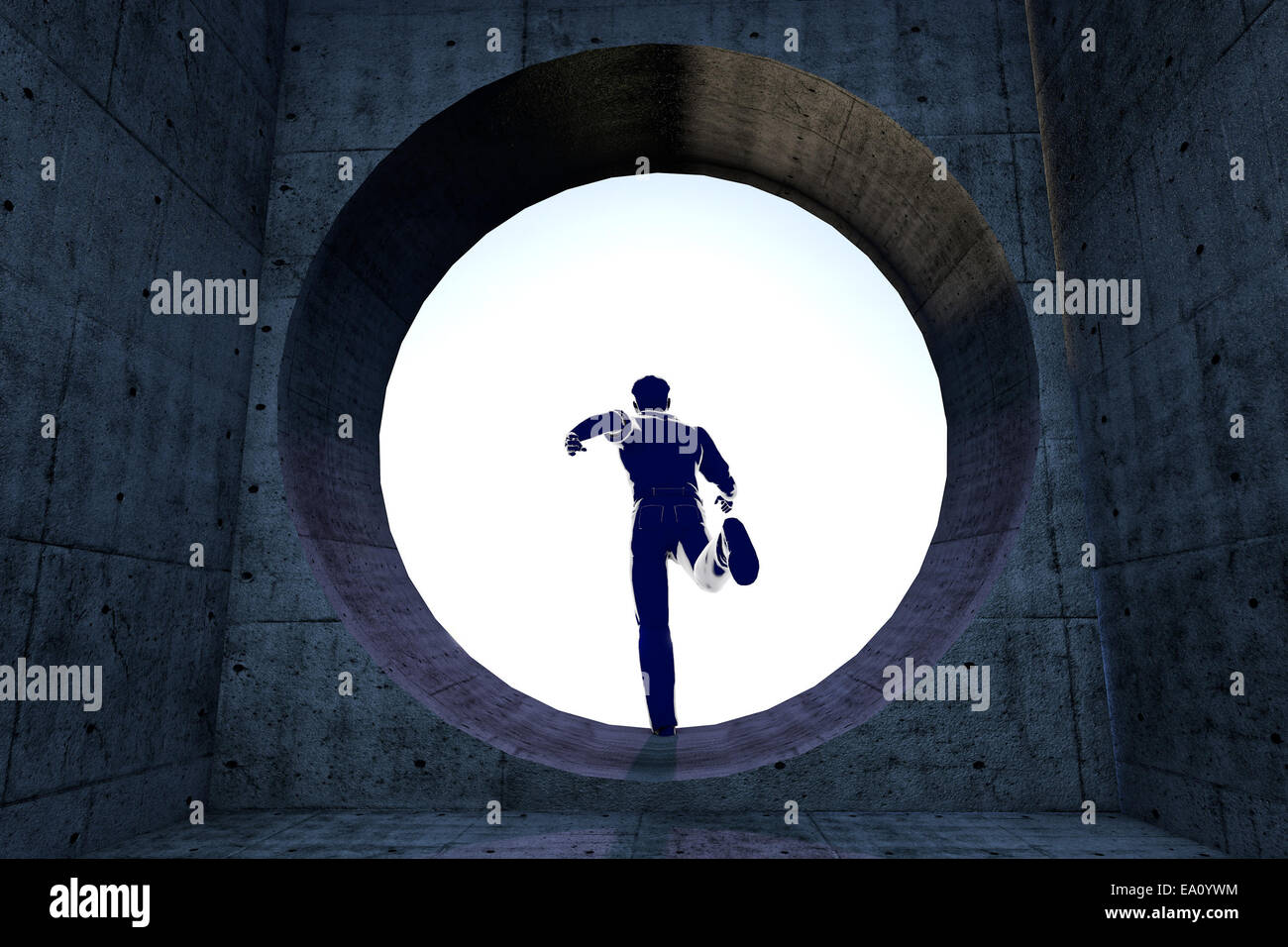 man running trough round window opening, futuristic concept Stock Photo ...