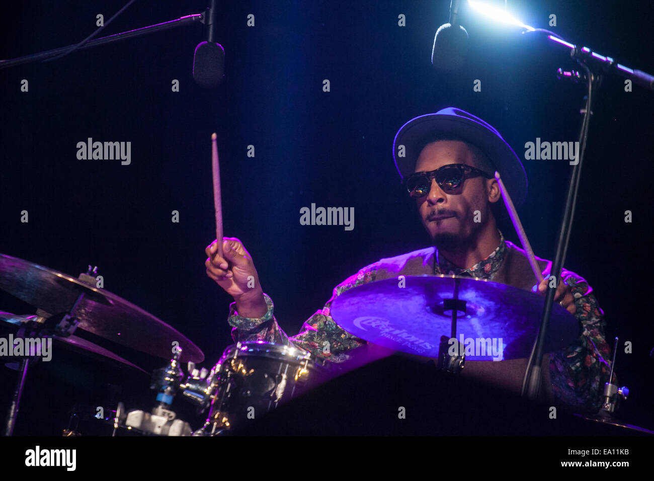 Emanuel Harrold on drums for Gregory Porter who sings on stage at 18th ...