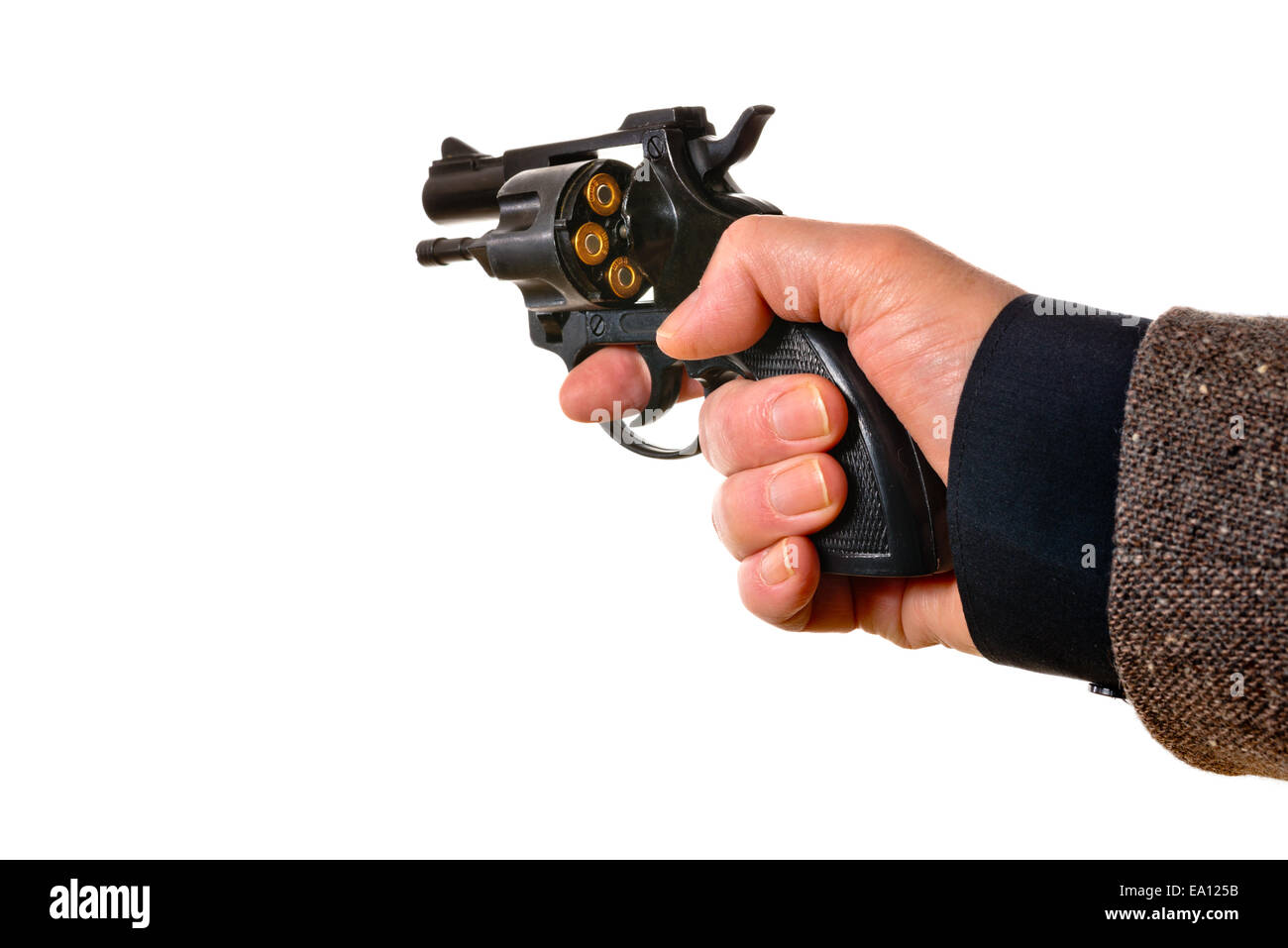 man shooting a handgun on the white background Stock Photo - Alamy