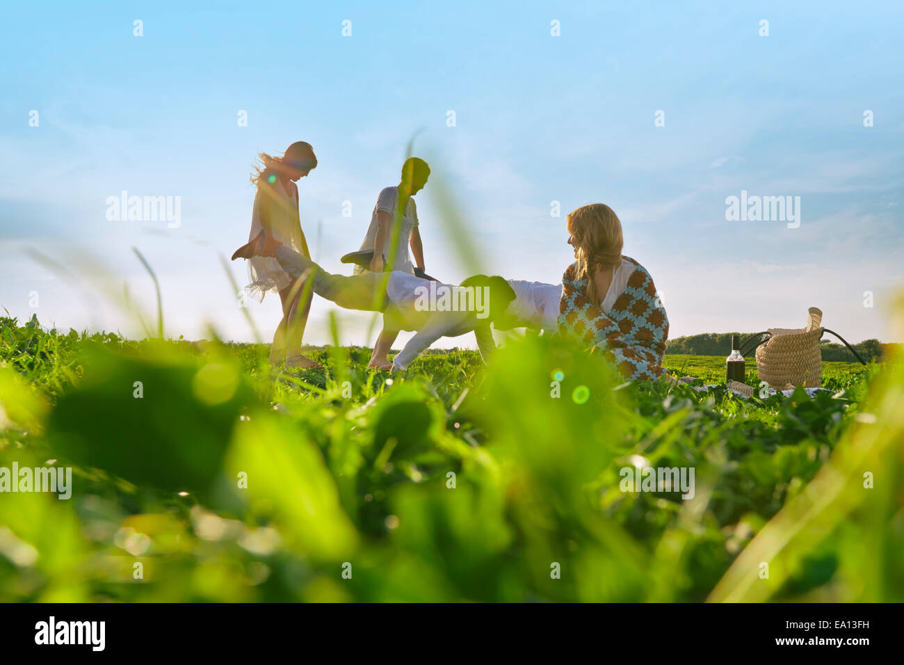 Group of young adult friends having pretend wheelbarrow race in field ...