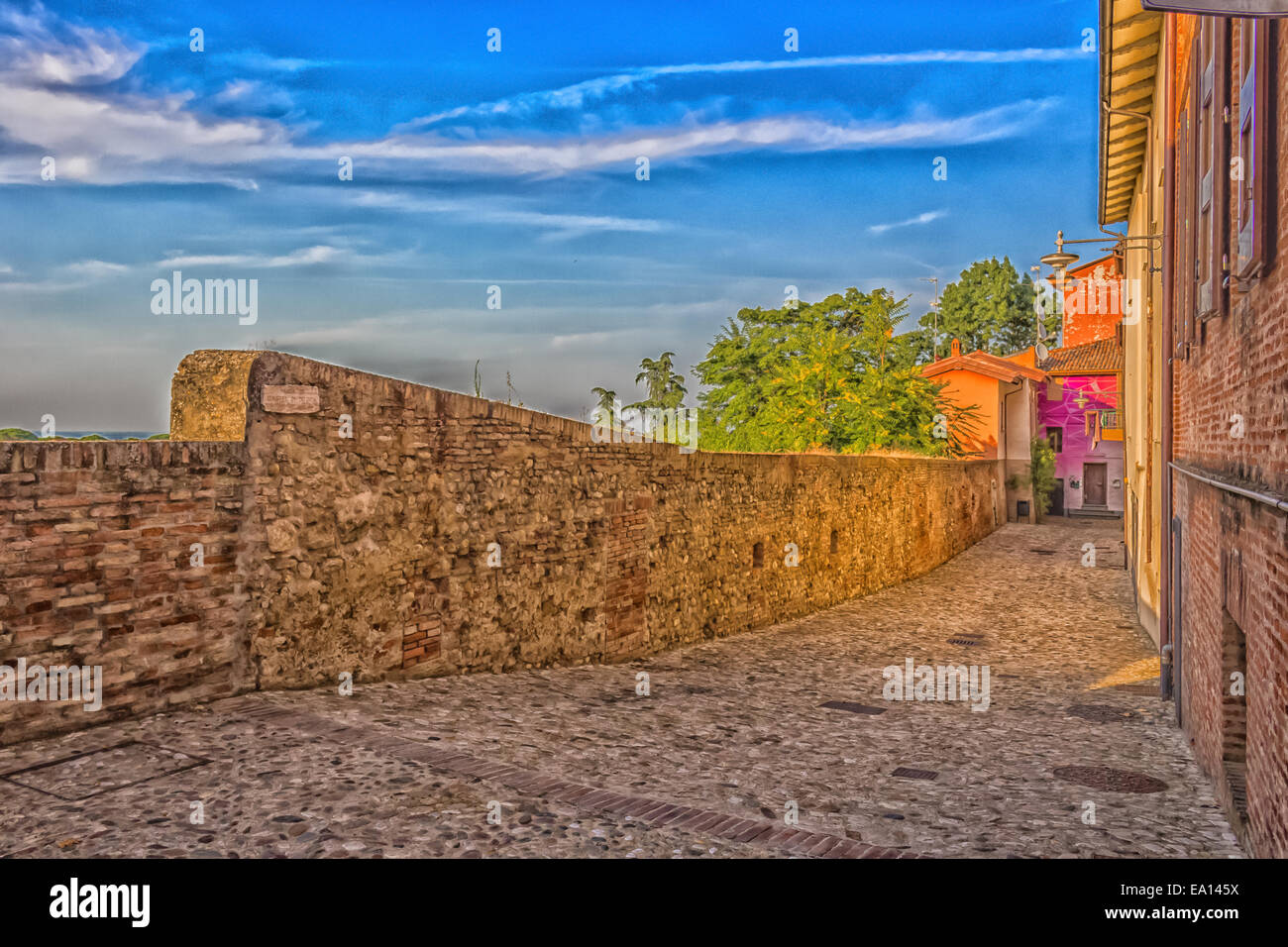 The medieval brick walls of the small village of Dozza near Bologna in ...