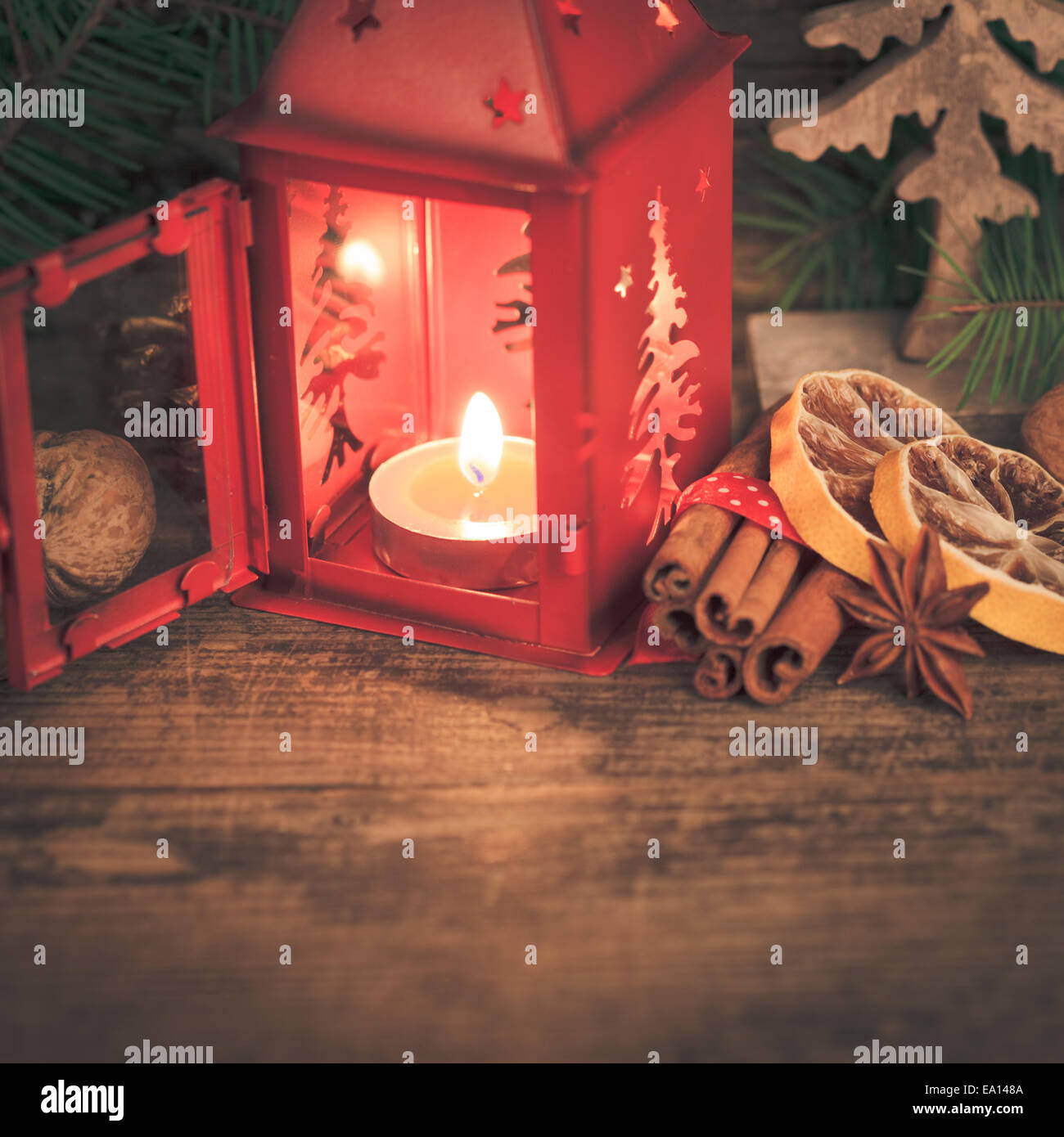 Red christmas candlestick and flavours of holidays Stock Photo - Alamy