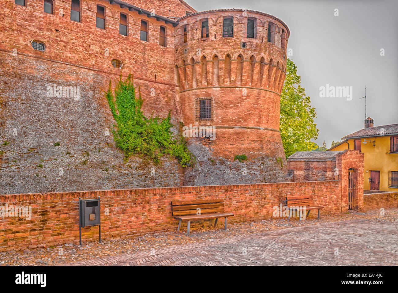 The medieval brick walls of the small village of Dozza near Bologna in ...