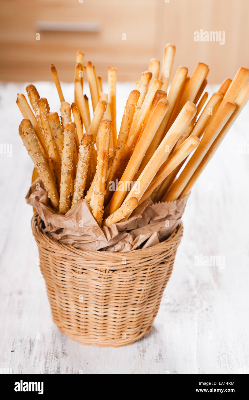Different types of grissini breadsticks in a basket Stock Photo - Alamy