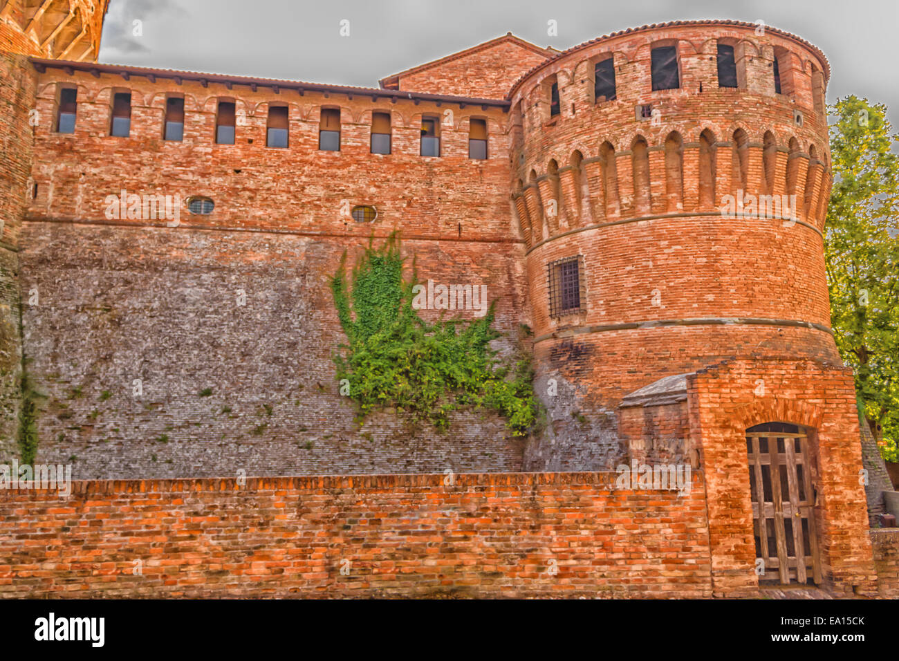 The medieval brick walls of the small village of Dozza near Bologna in ...