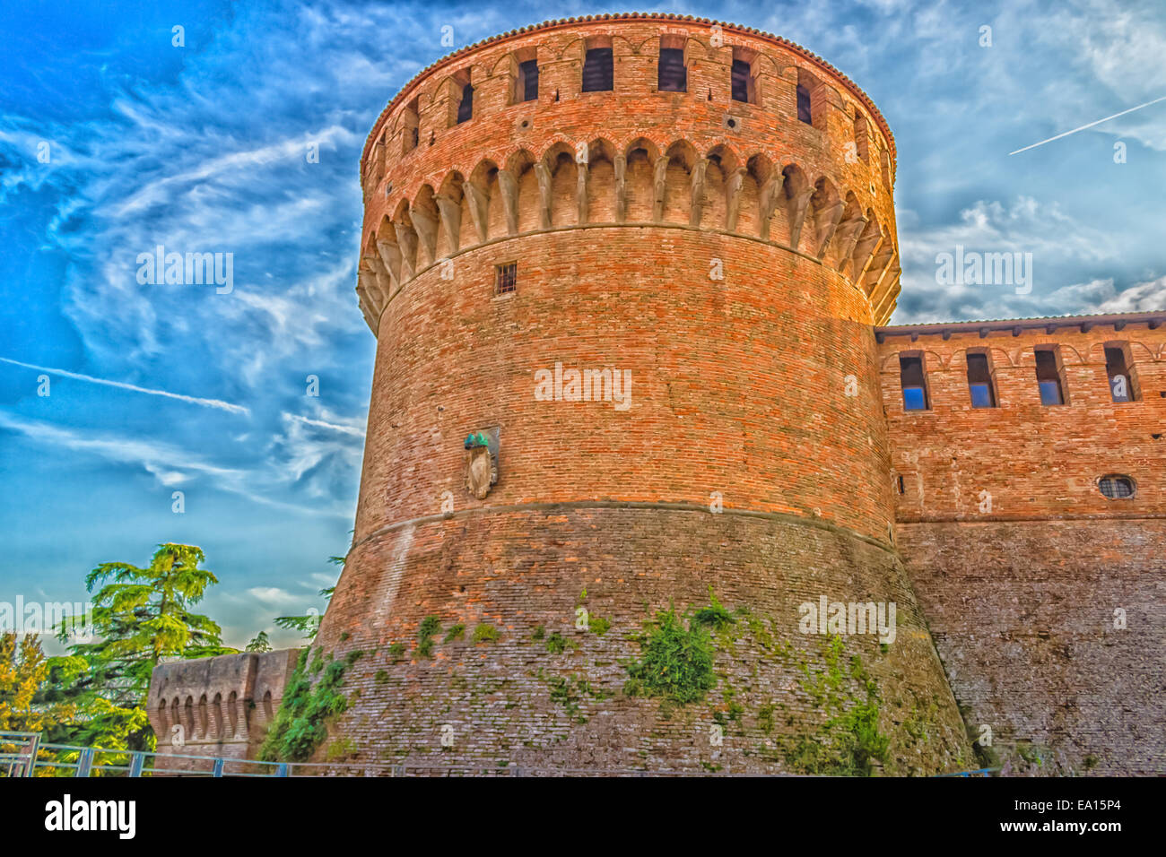 The medieval brick walls of the small village of Dozza near Bologna in ...