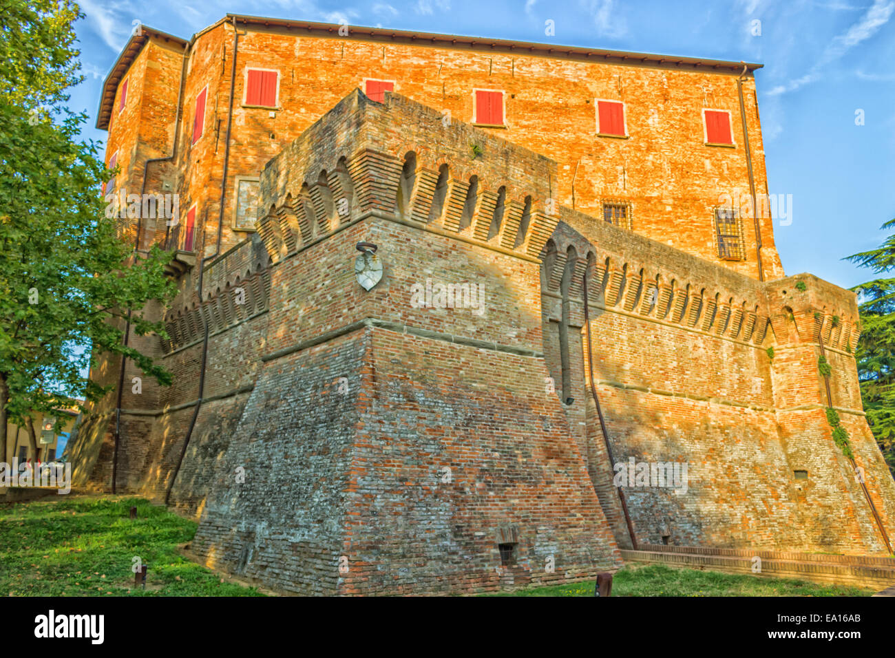 The medieval brick walls of the small village of Dozza near Bologna in ...