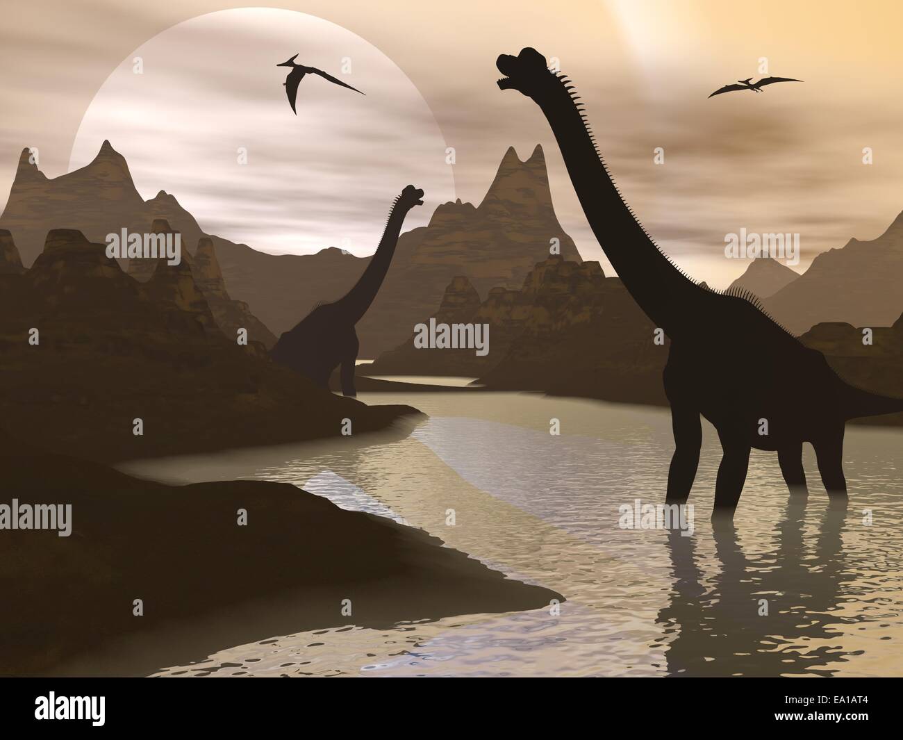 Brachiosaurus Dinosaurs In Water 3d High Resolution Stock Photography ...