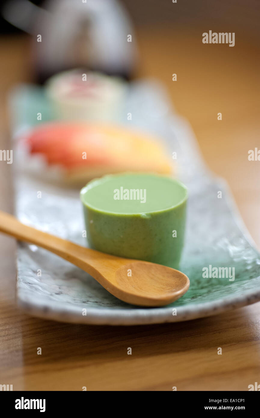 Japanese style green tea pudding Stock Photo - Alamy