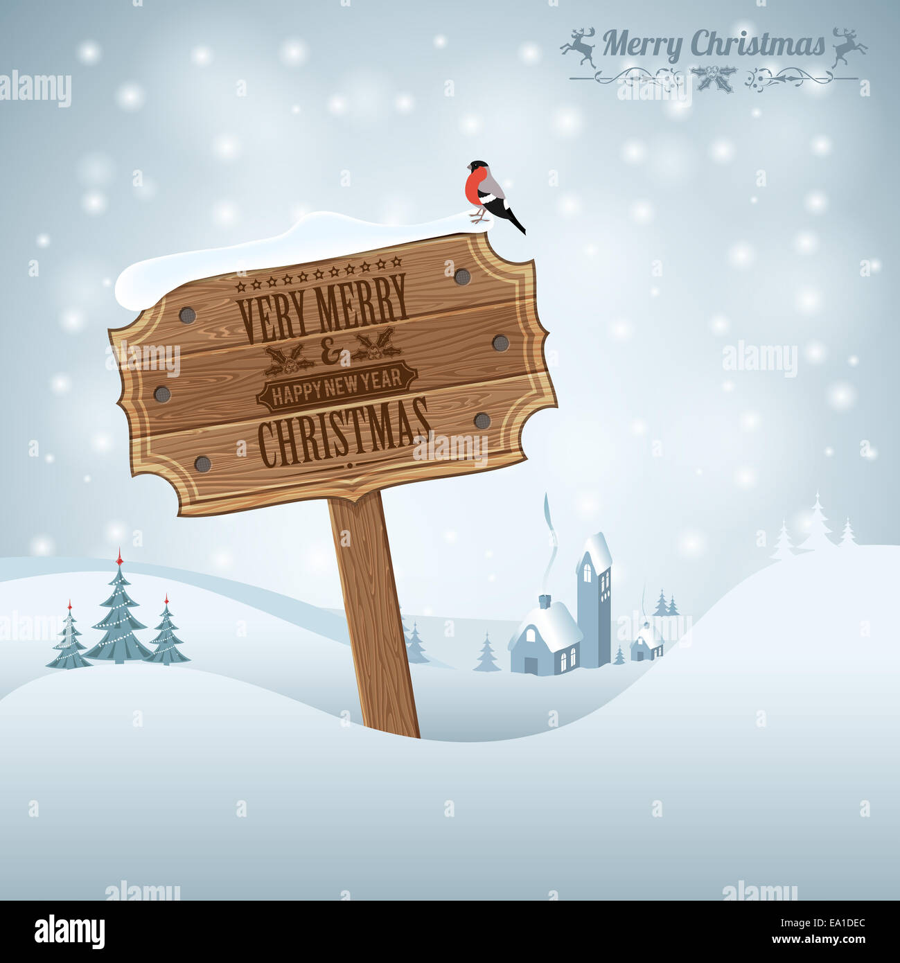 Christmas background with Wooden Plaque, Tree, Bullfinch and House ...