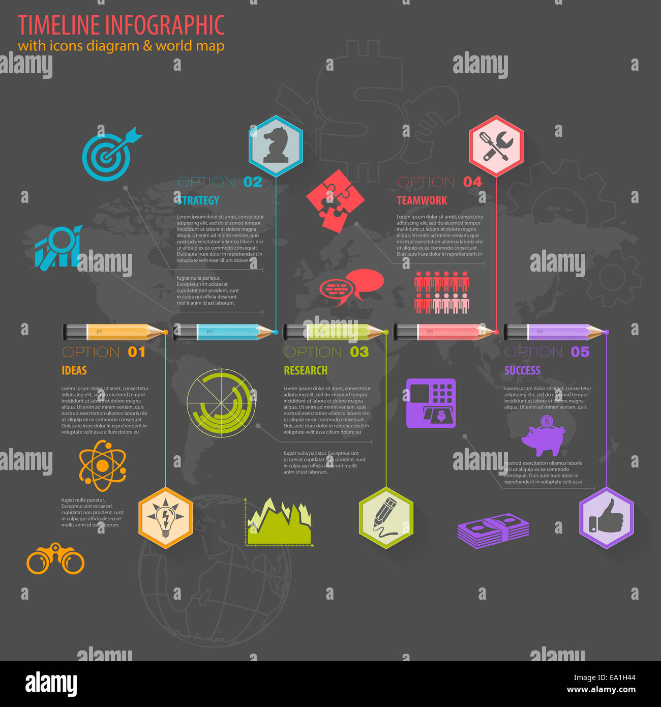 Business Timeline Infographic with Pencils, Icons and Number Options ...