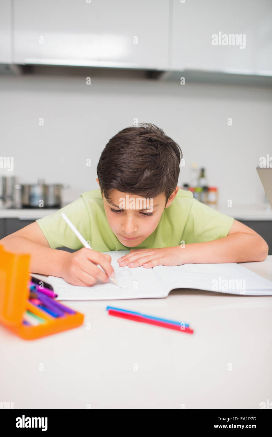 Concentrated boy doing homework in kitchen Stock Photo - Alamy