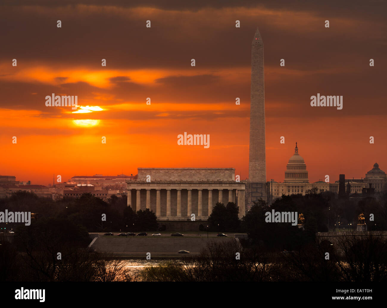 Fiery sunrise over monuments of Washington Stock Photo - Alamy