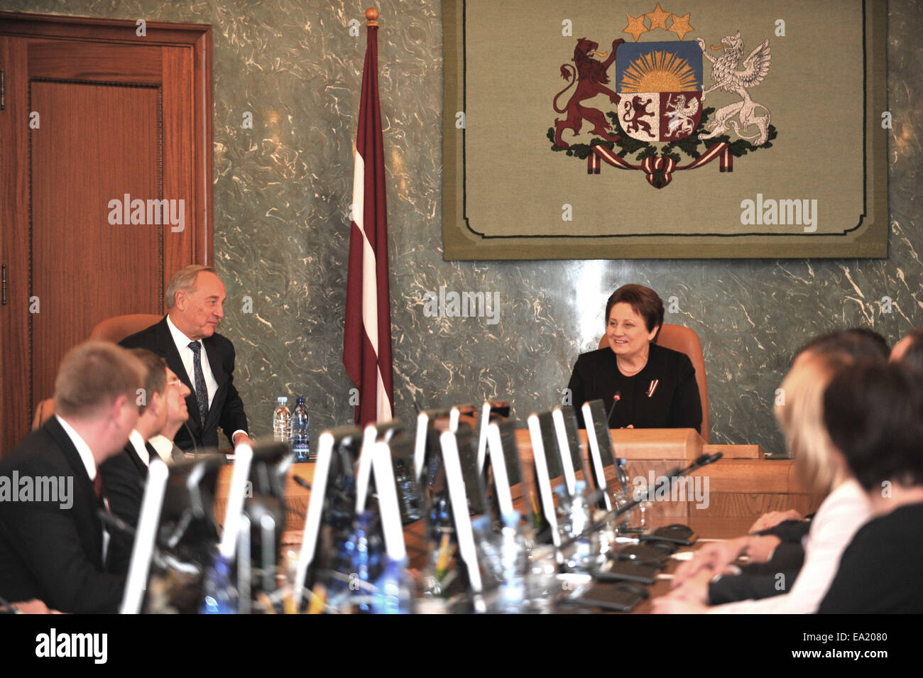 Riga, Latvia. 5th Nov, 2014. Latvian Prime Minister Laimdota Straujuma meets with cabinet ...