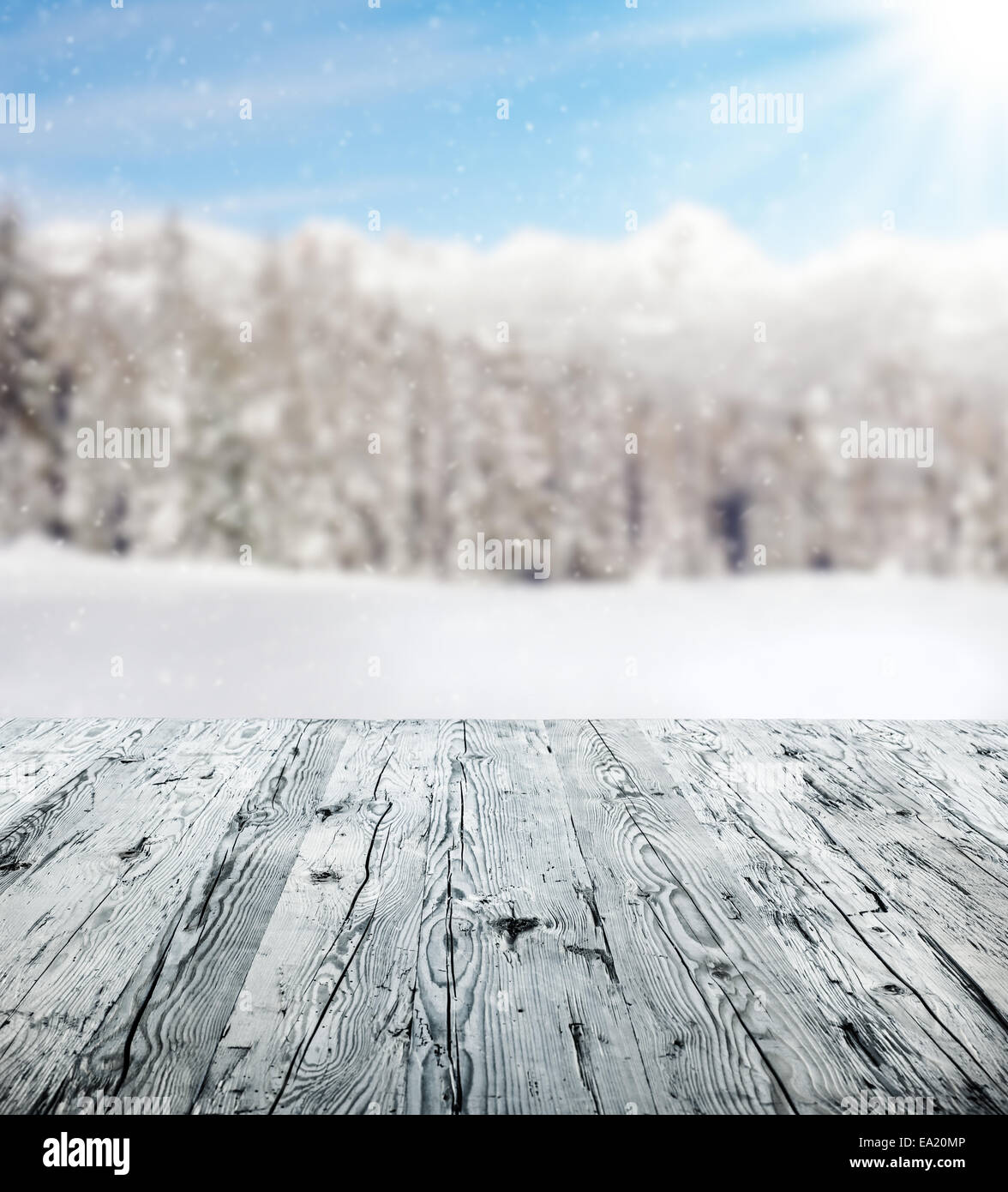 Snowy winter landscape with empty wooden planks Stock Photo - Alamy