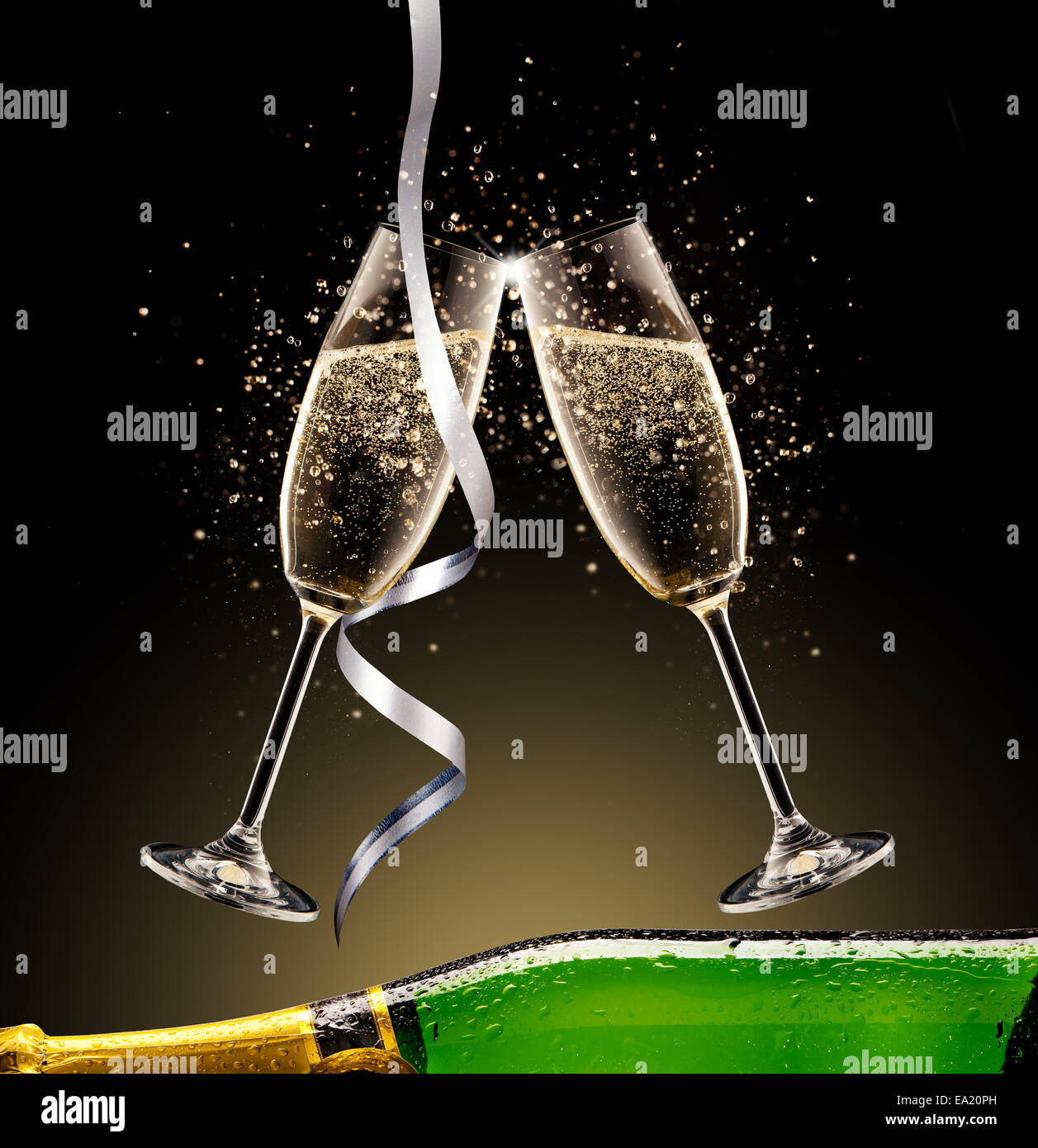 Celebration theme. Glasses and bottle of champagne with bubbles ...