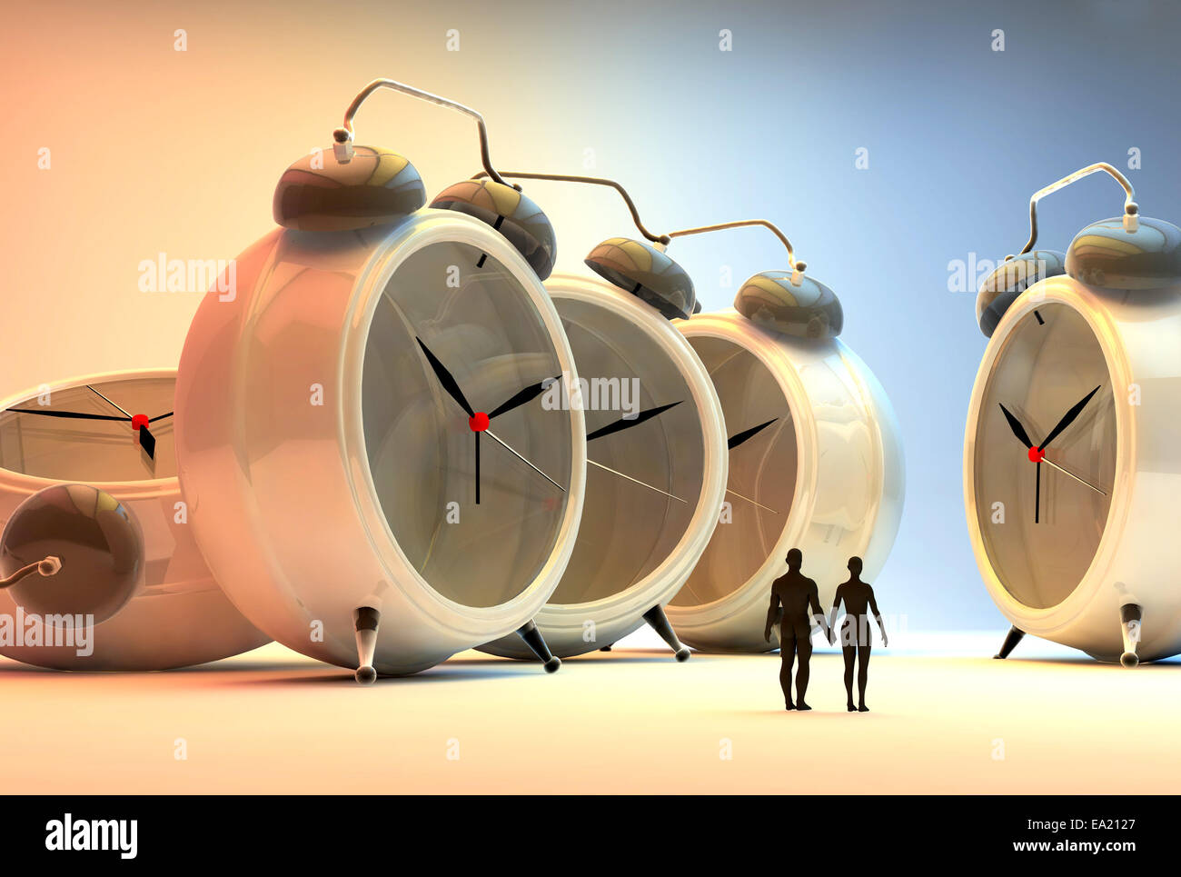 3d illustration of couple and alarm clocks, time passing concept Stock ...
