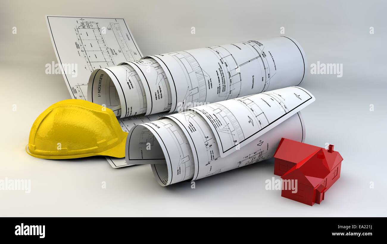 3d illustration of Blueprints, house model and construction equipment ...