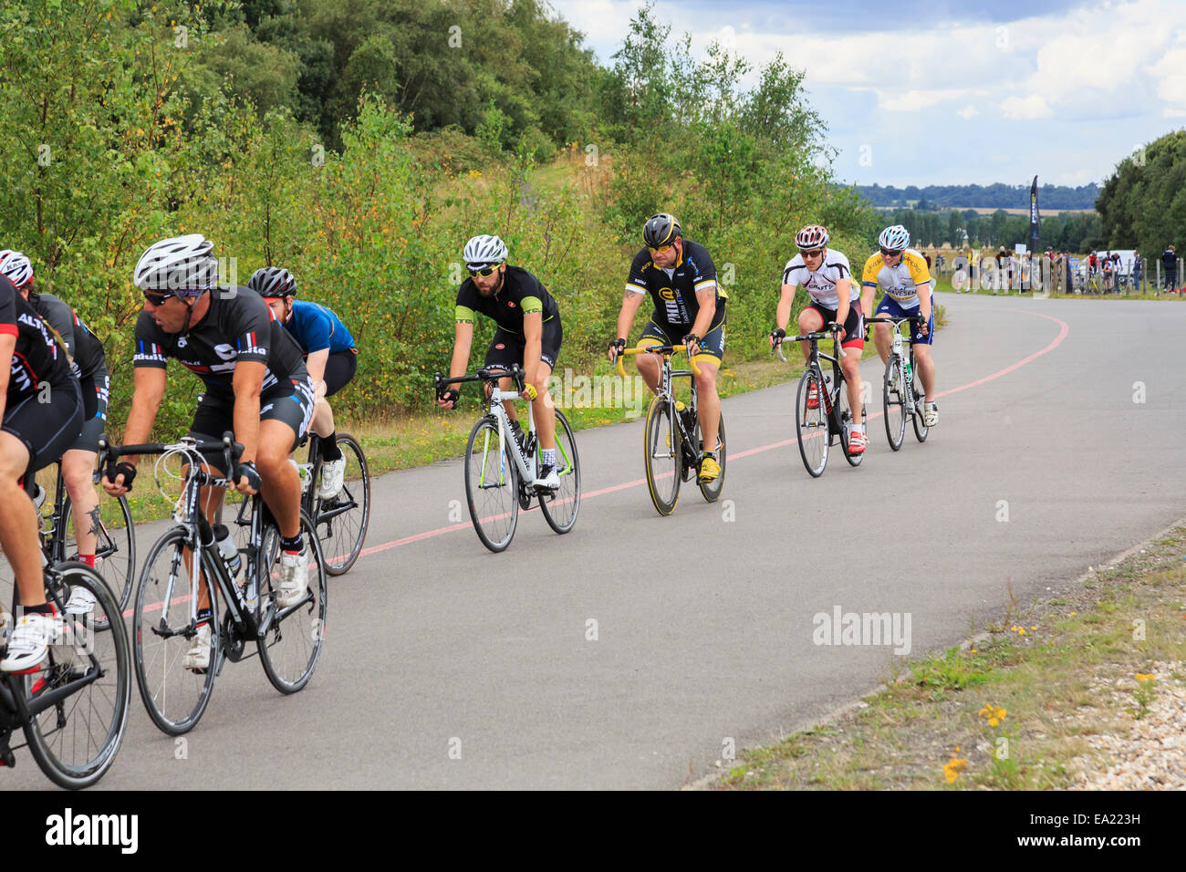 Men racing in a bike race organised by British Cycling at Fowlmead ...