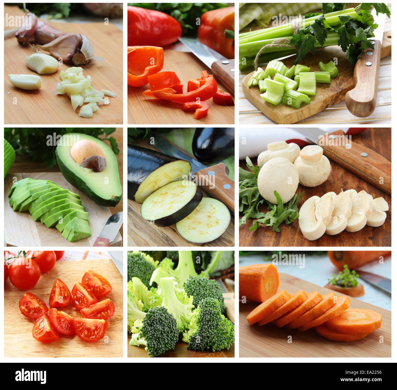 collage of different chopped vegetables (eggplant, cabbage, tomatoes ...
