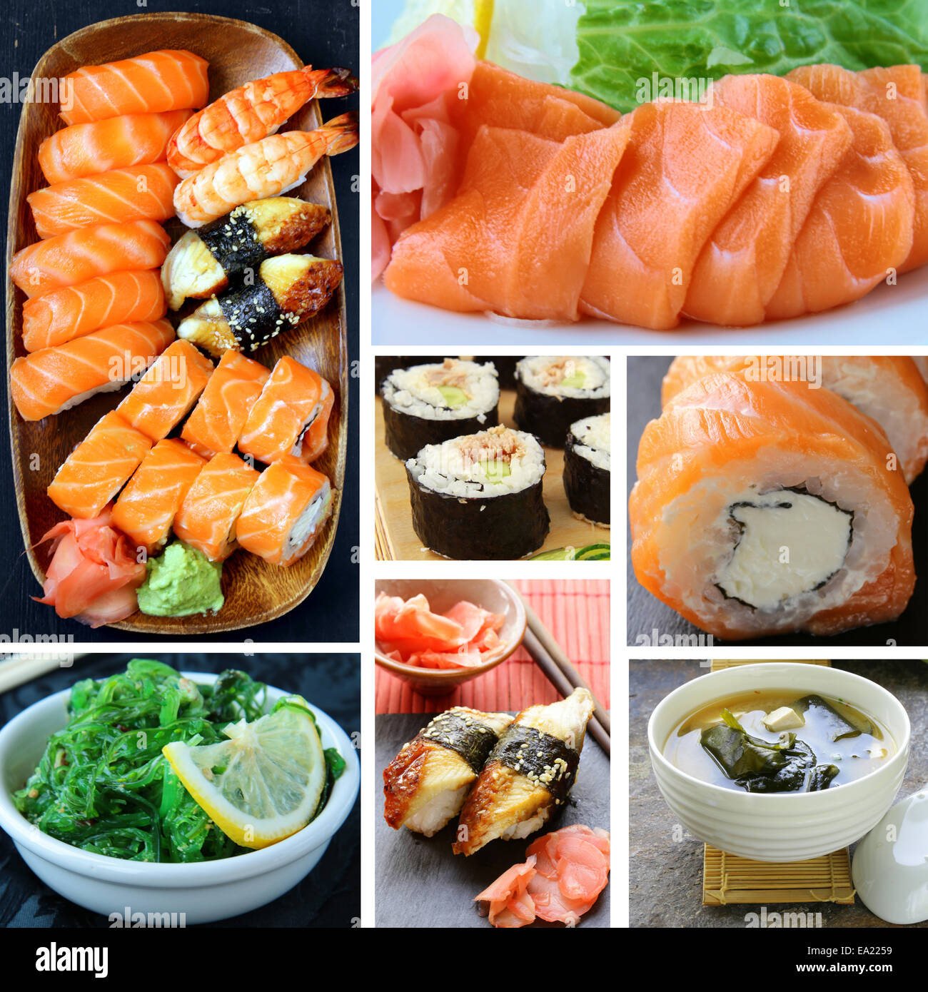 collage menu of Japanese cuisine - miso soup, sushi, sashimi, rolls ...