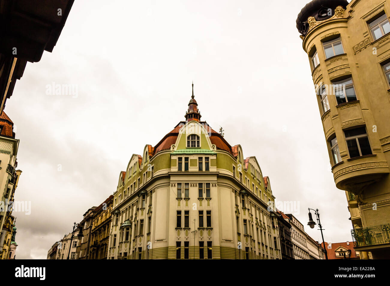 Buildings and houses in the historical center of Prague: green walls ...