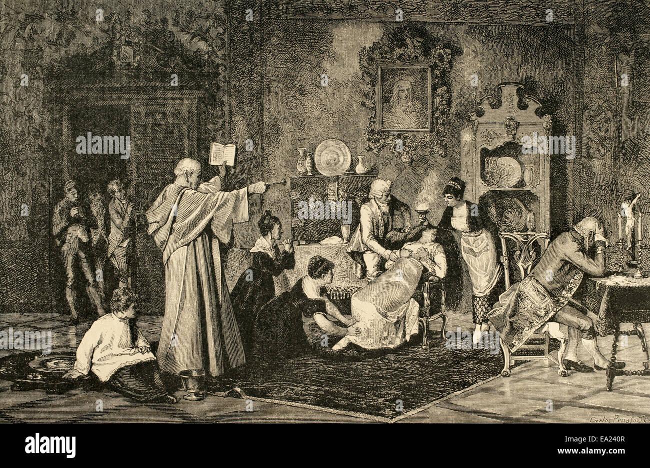 Exorcism. Cleric doing a spell against the evil spirit. Engraving by C ...