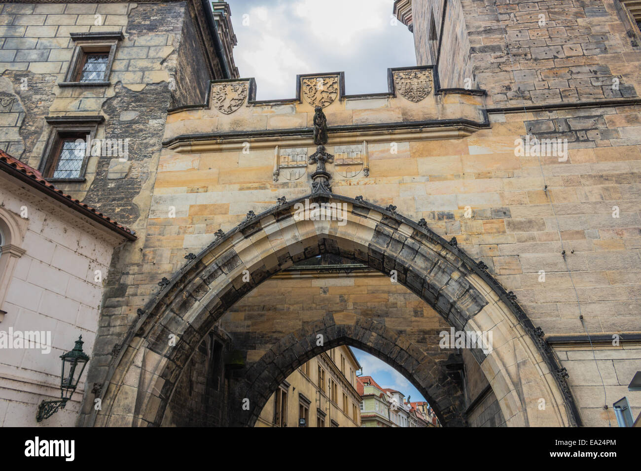 Architecture details, tower and sculpture of Charles Bridge in Prague ...