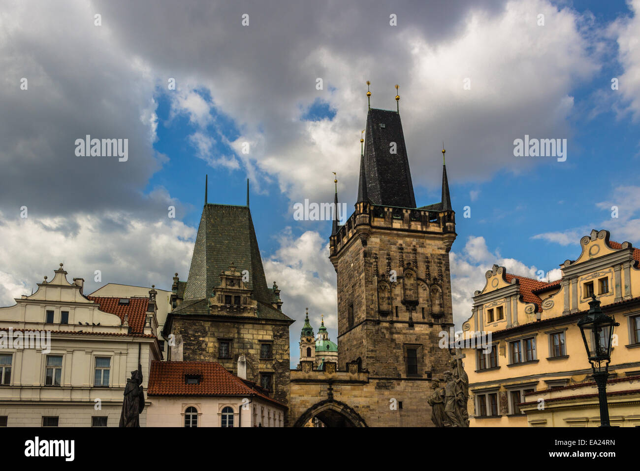 Architecture details, tower and sculpture of Charles Bridge in Prague ...