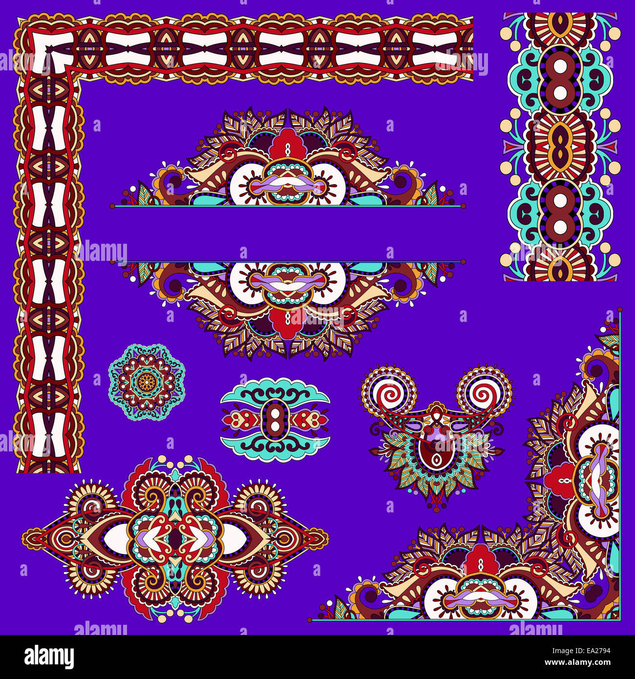 violet colour set of paisley floral design elements for page dec Stock ...