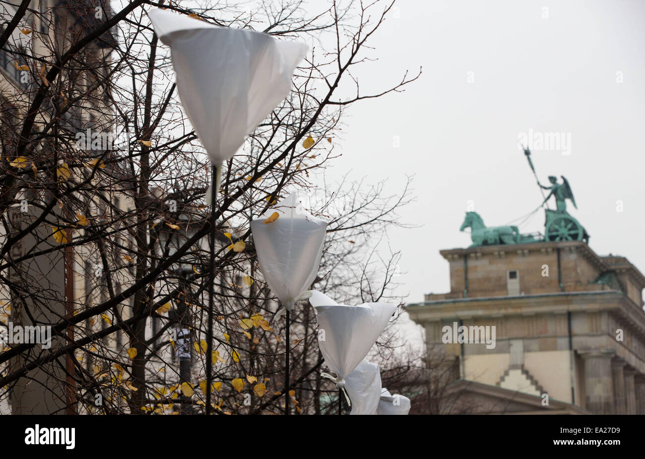 Berlin, Germany. 05th Nov, 2014. Balloon markers at the Brandenburg ...