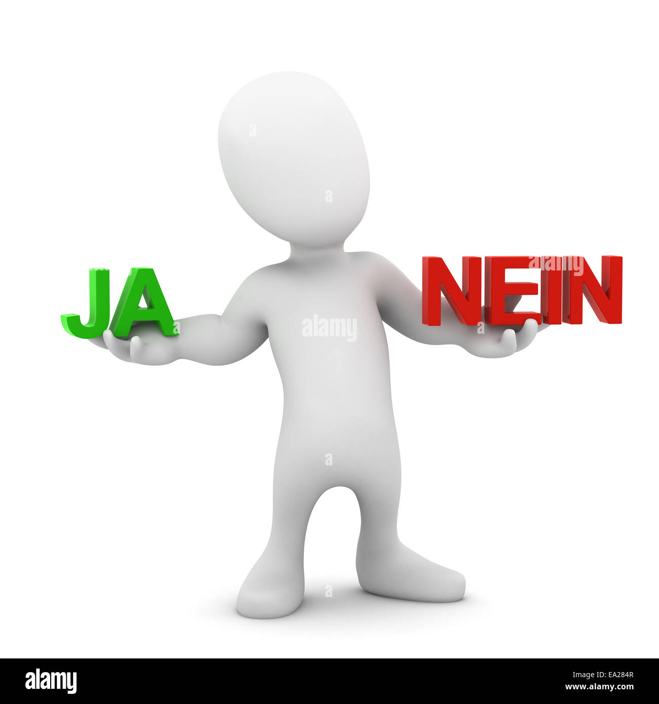 3d render of a little man holding the words Ja and Nein Stock Photo - Alamy