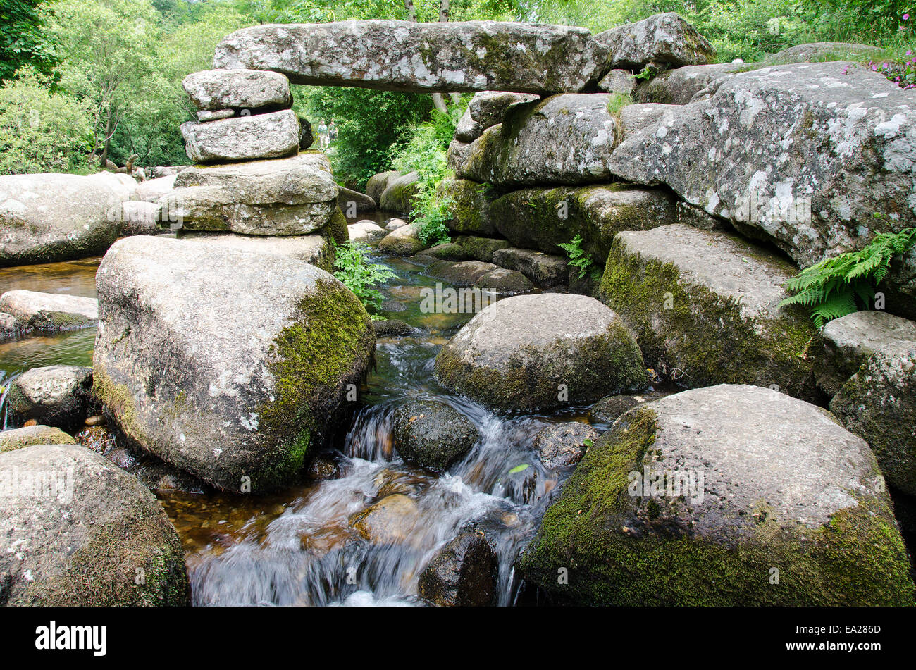 Ancient clapper bridge across the River Dart at Dartmeet, Dartmoor ...