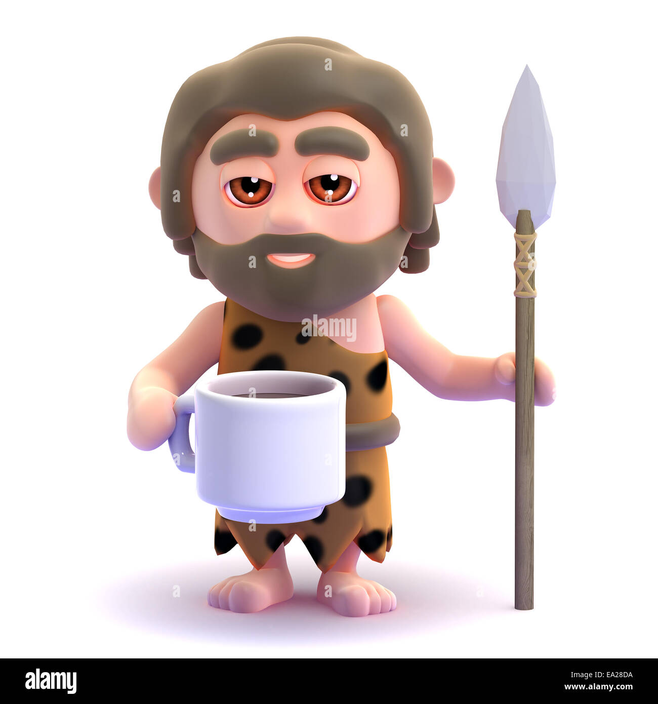 3d render of a caveman with cup of coffee while leaning on his spear ...
