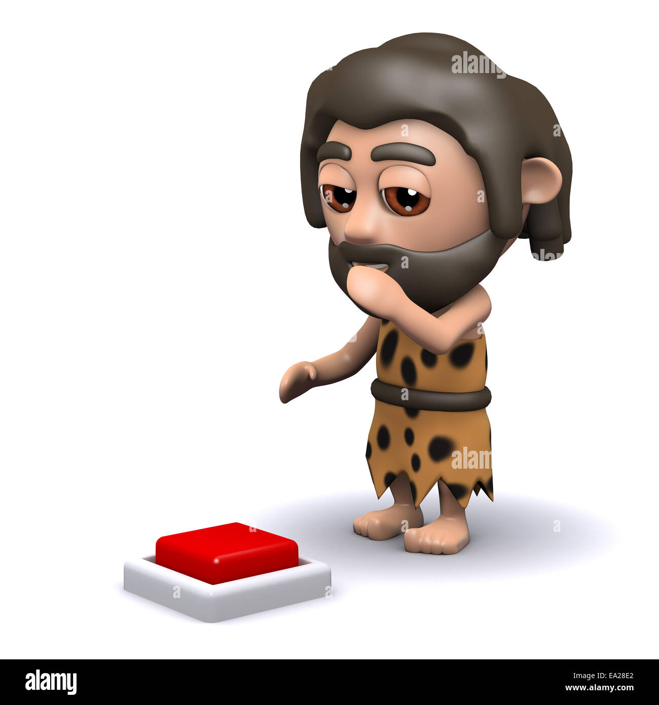 3d render of a caveman looking at a red button in the floor Stock Photo ...