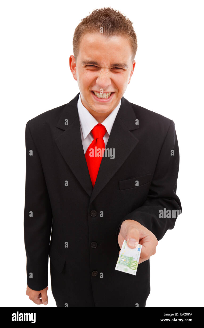 Business man with evil face offers small 100 euro banknote ...