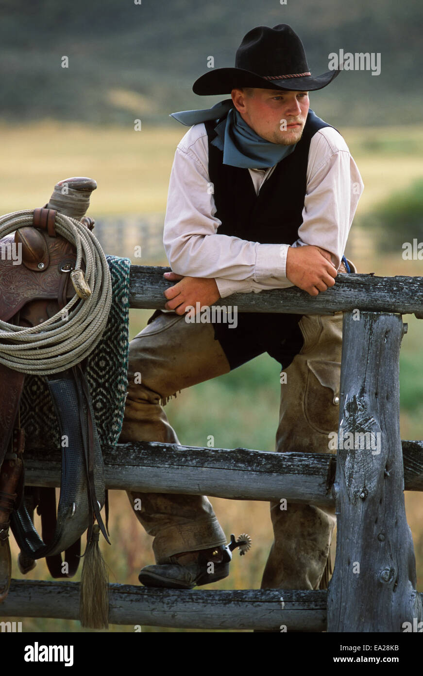 Agriculture - A young cowboy leans on a rustic corral rail / near ...