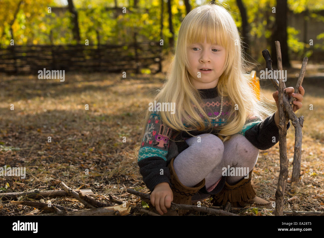 Young Blond Girl Gathering Sticks Outdoors in Autumn Stock Photo - Alamy