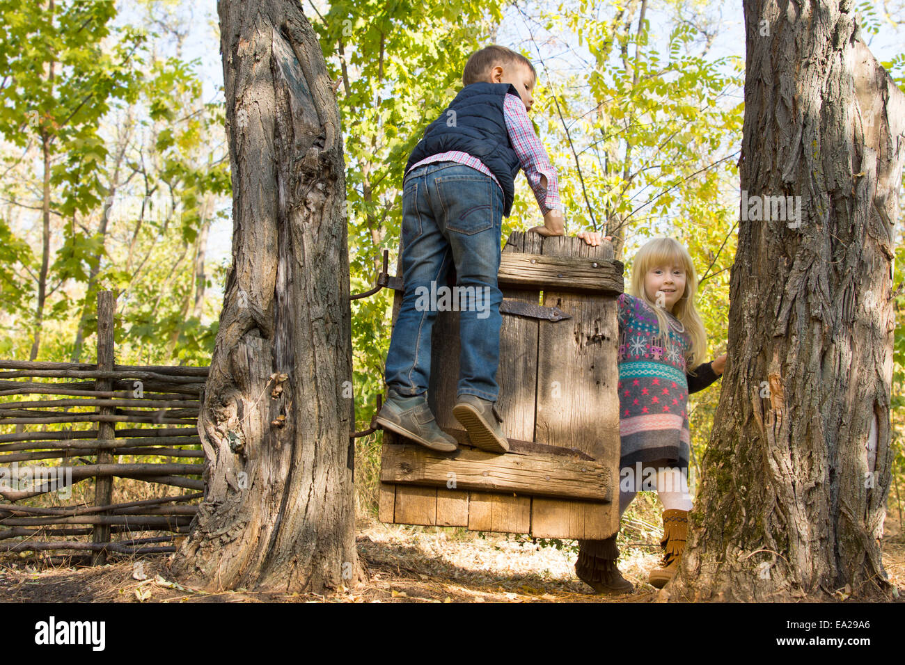 Little boy and girl playing on an old rustic wooden gate between two ...