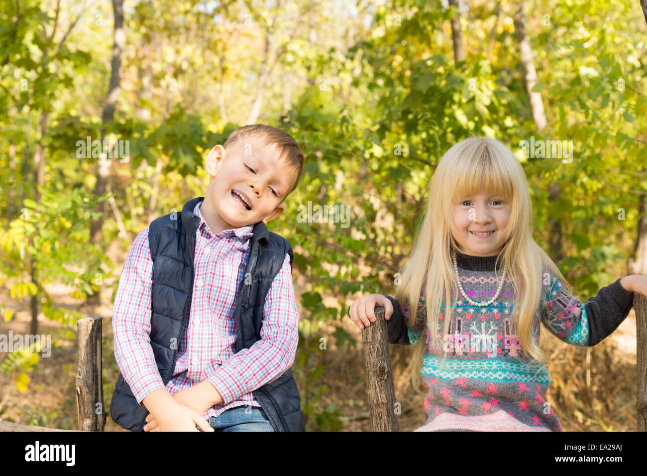 Happy White Little Kids in Autumn Fashion Outfit Visit the Woodland ...
