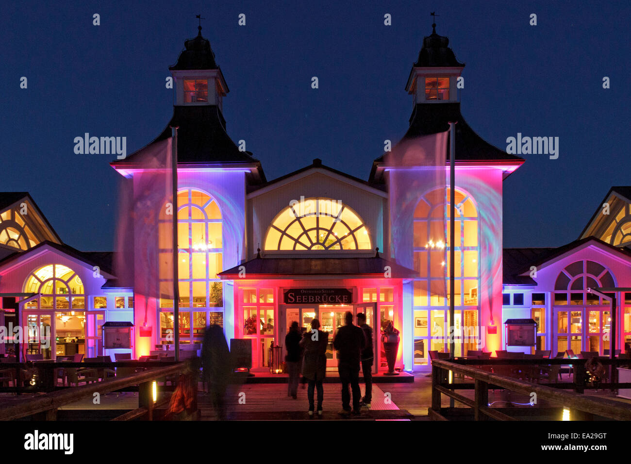 illuminated pier, Sellin, Ruegen Island, Mecklenburg-West Pomerania ...
