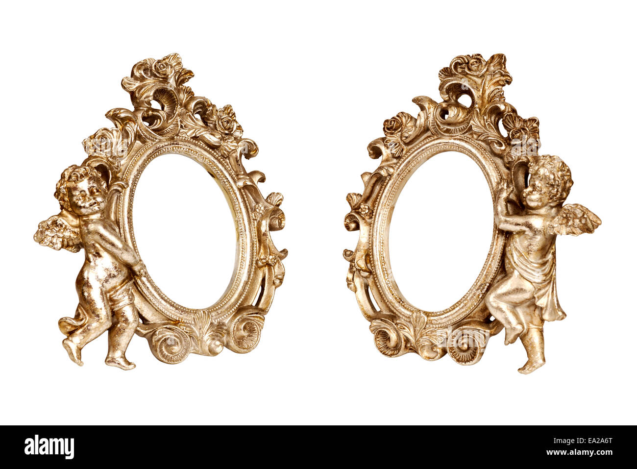 Golden picture frame with angels isolated over white, clipping path ...