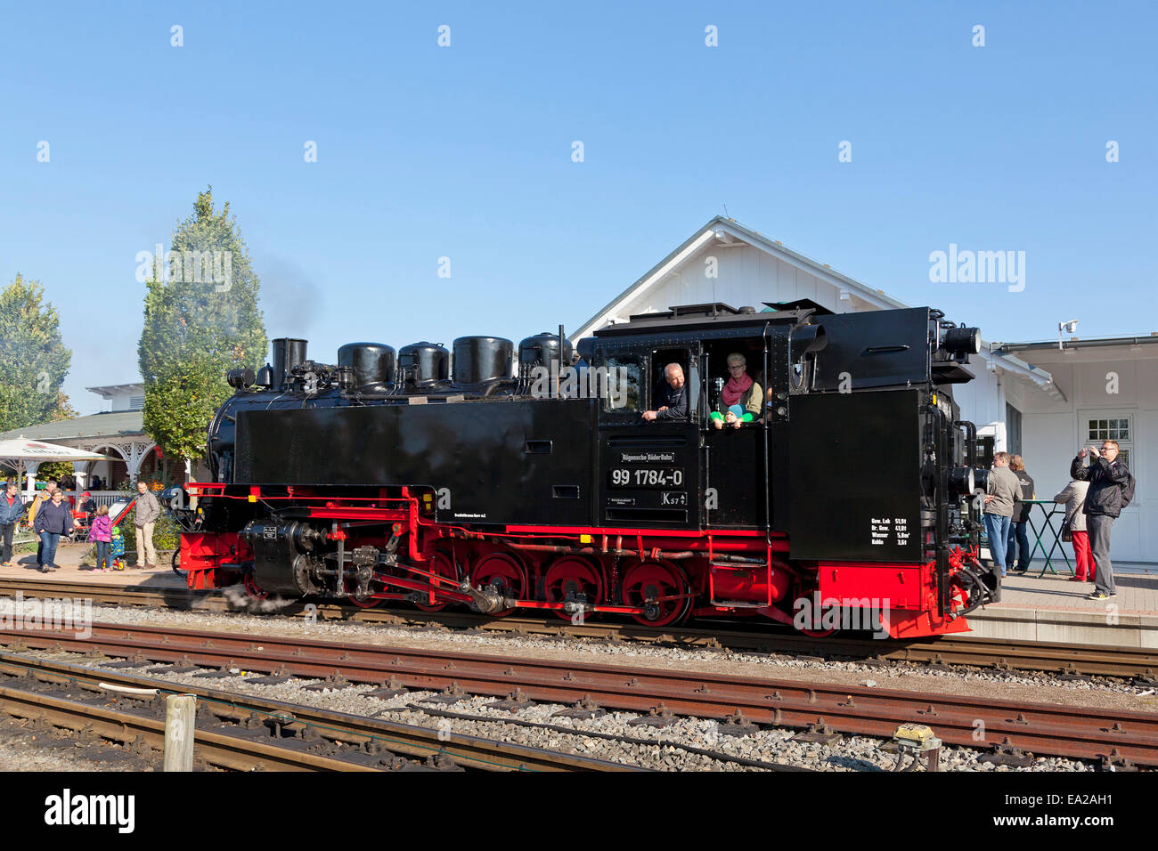 engine of steam train "Rasender Roland" at Binz train station, Ruegen ...