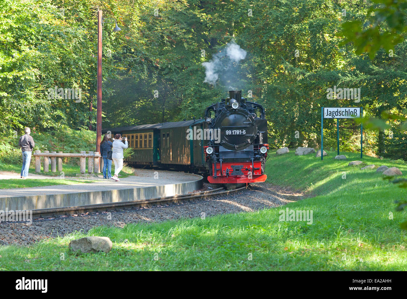 steam train "Rasender Roland" at train station of hunting lodge Granitz ...