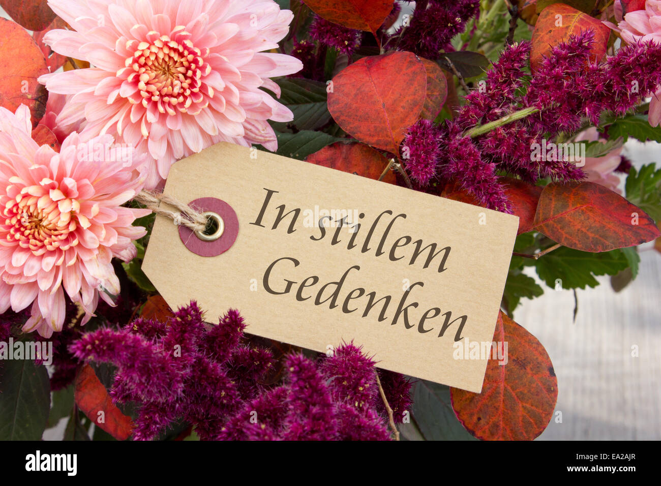 german mourning card with chrysanthemus and autumn leaves Stock Photo ...