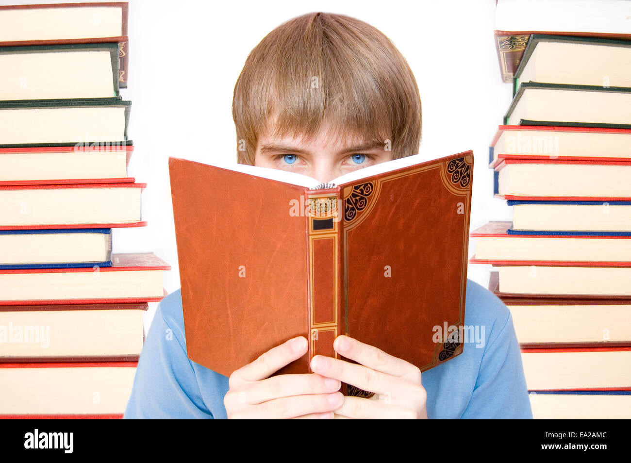 Education conceptual image. Young boy reading and studying between ...