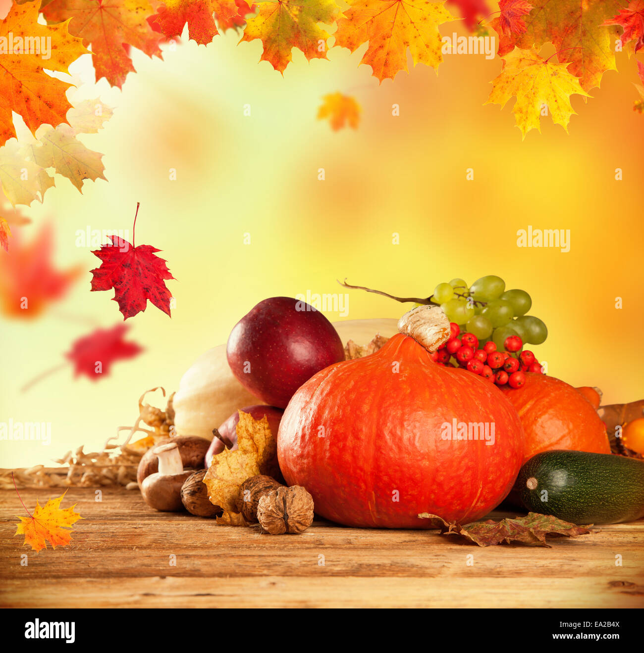 Autumn concept of traditional food. Mix of pumpkins, fruit and ...