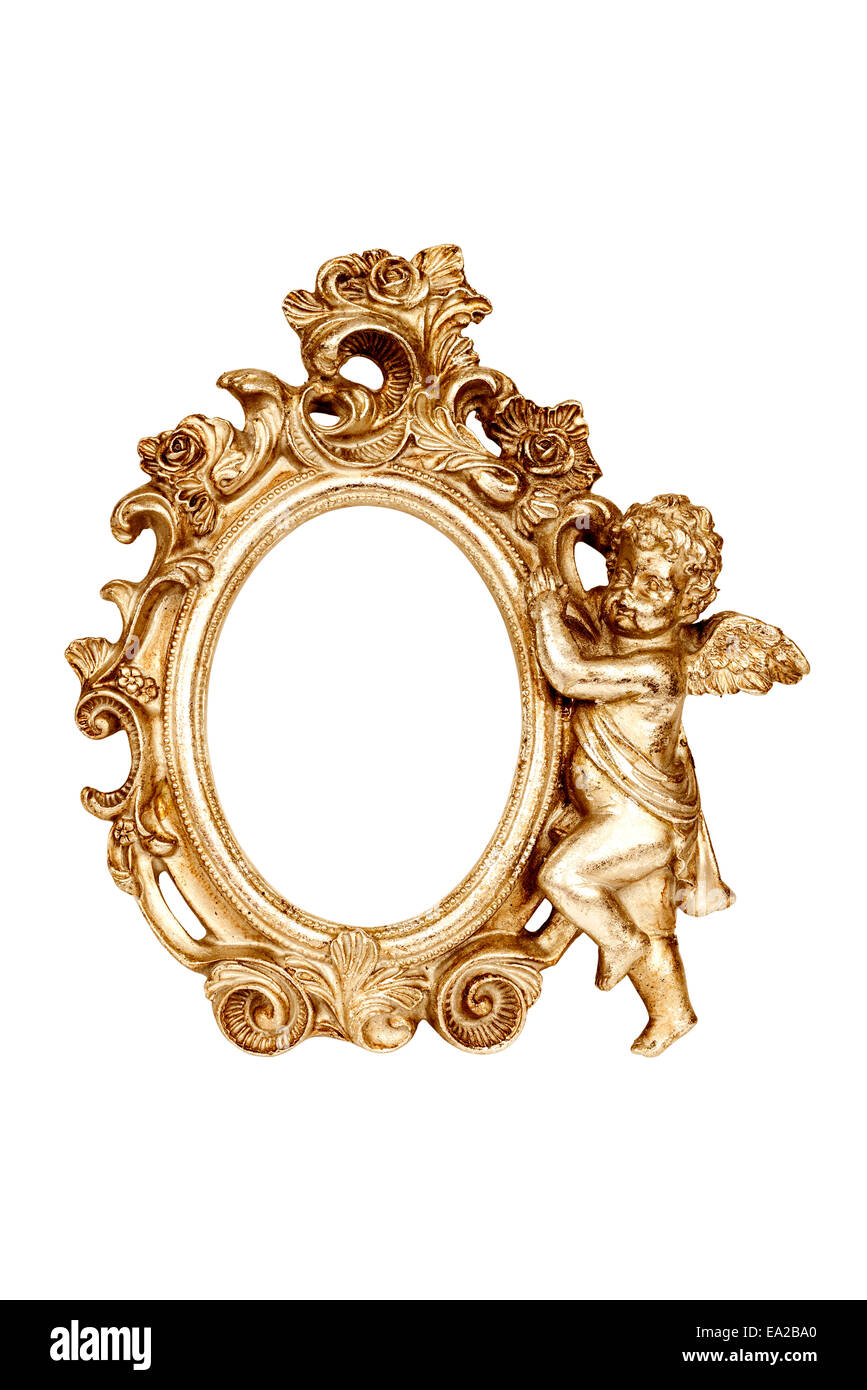 Golden picture frame with angels isolated over white, clipping path ...
