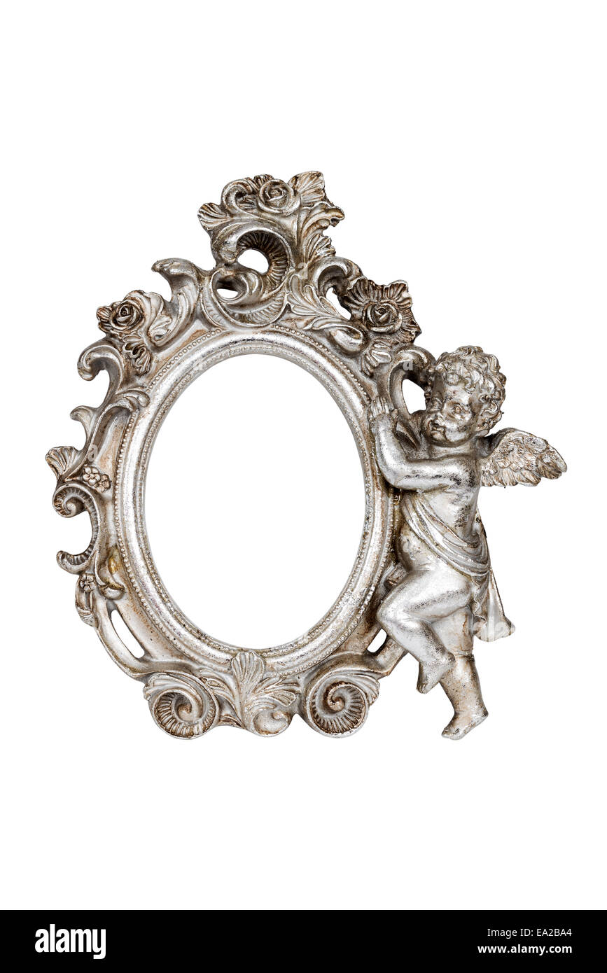 Silver picture frame with angels isolated over white, clipping path ...