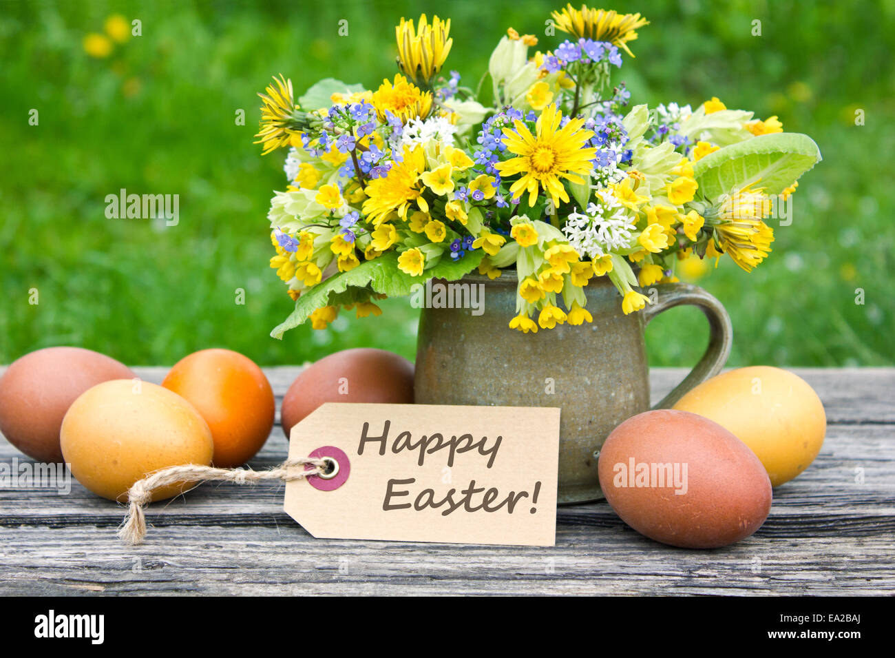 english Easter card with yellow tulips and eggs Stock Photo - Alamy